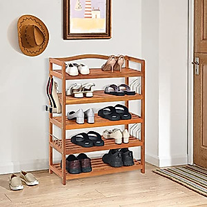 Giantex 5-Tier Shoe Rack, Acacia Wood Shoe Shelf with Side Metal Hooks, Holds up 12-18 Pairs, Shoe Organizer, Shoe Storage, Wooden Shoe Rack for Entryway, 25’’Lx10.5’’Wx32.5’’H