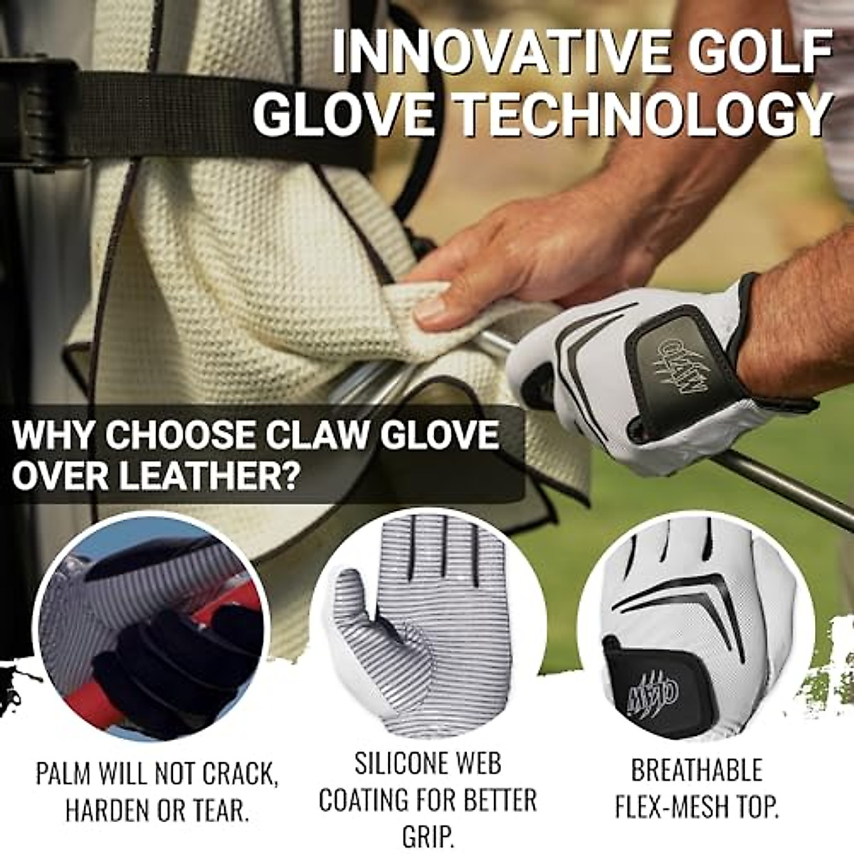 Caddy Daddy Claw Golf Gloves for Men | Mesh Gloves for Breathability | Flex-Mesh Design | Silicone-Web Coating for Max. Grip | Left & Right Hand | 100% Machine-Washable | Black, White, Grey