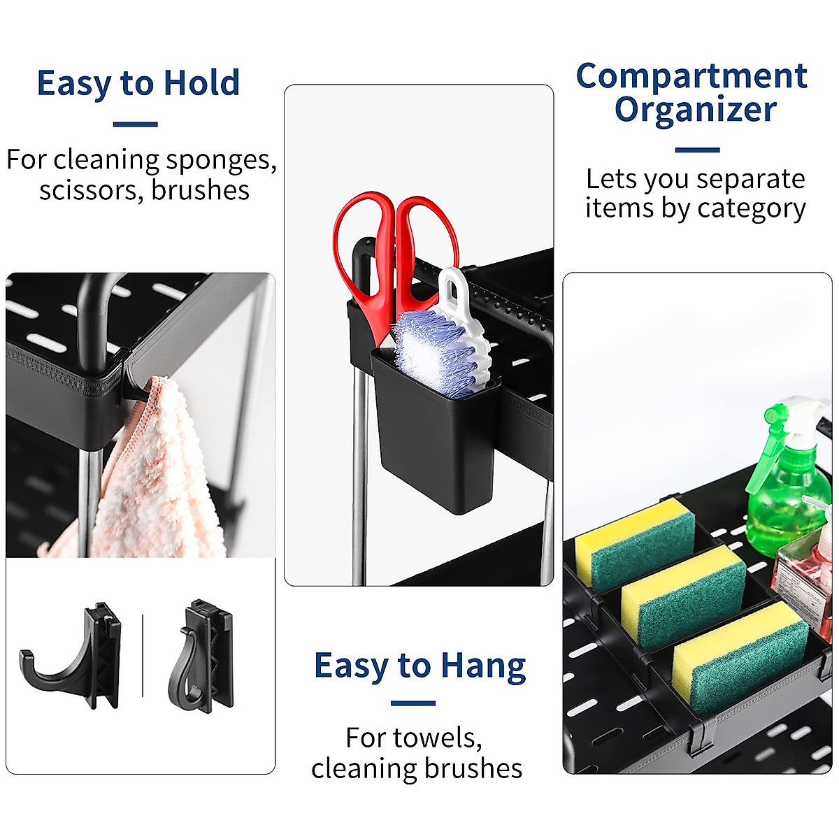 Under Sink Organizers and Storage, 2-Tier Pull out Cabinet Organizer, Under the Cabinet Organizer Slide Out Cleaning Supplies Organizer for Bathroom, Kitchen (Black, 2 Pack)