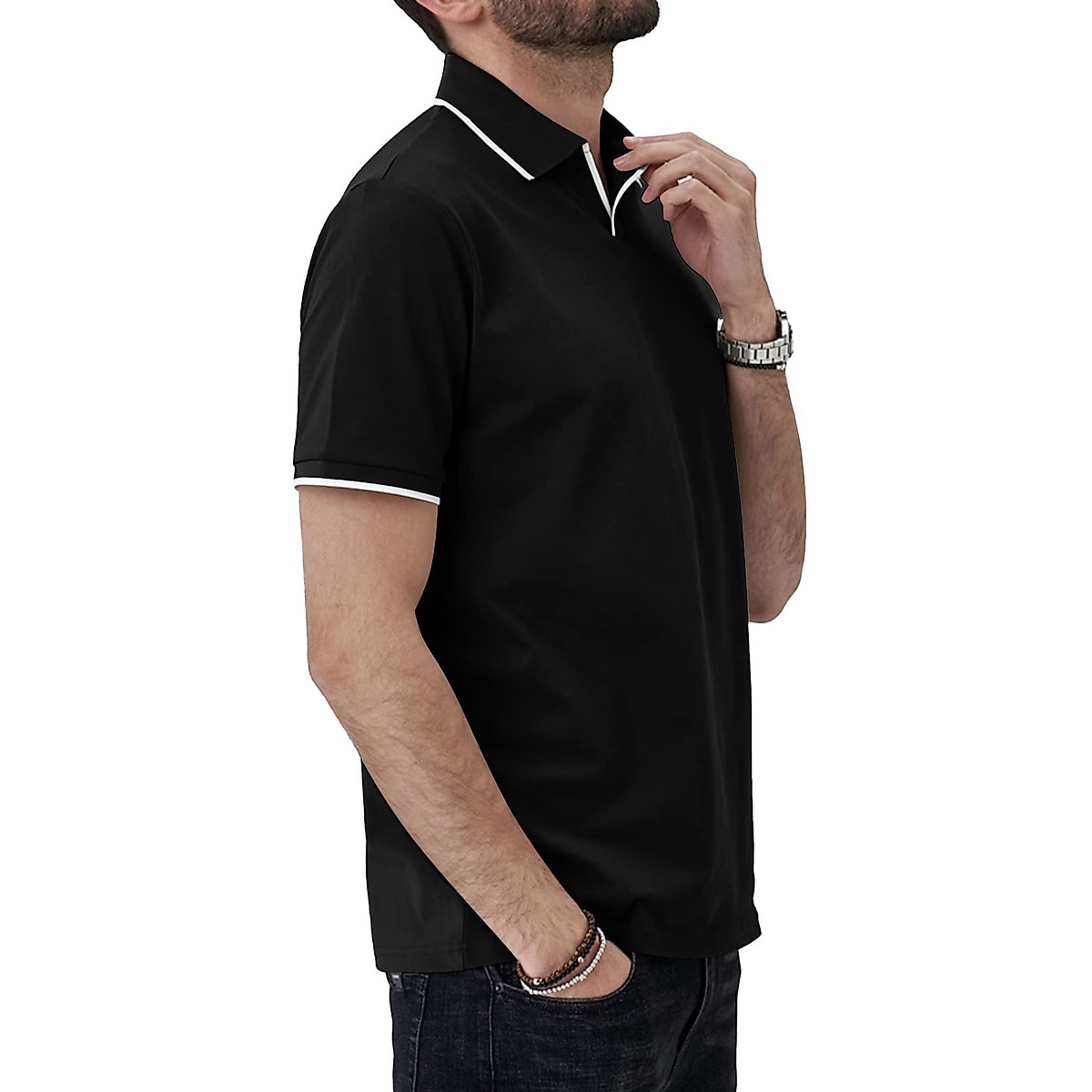 Aiyino Men's Muscle V Neck Polo Shirts Slim Fit Short Sleeve Cotton Golf T-Shirts Ribbed Knit Soft Tees Black-Large