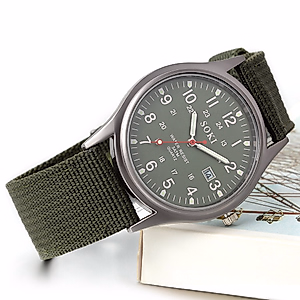 JewelryWe Men's Military Green Dial Nylon Strap Quartz Calendar Wrist Watch Night Vision Luminous Wristwatch for Father's Day