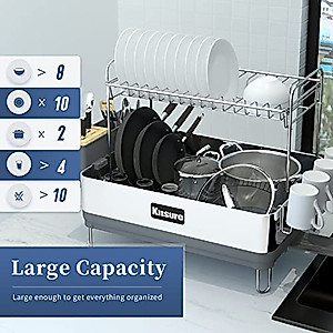 Kitsure Dish Rack, 2-Tier Dish Drying Rack with Large Capacity, Multifunctional Dish Drying Rack with Drainboard, Rustproof & Durable Dish Rack