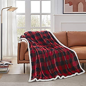 Touchat Sherpa Red and Black Buffalo Plaid Christmas Throw Blanket, Fuzzy Fluffy Soft Cozy Blanket, Fleece Flannel Plush Microfiber Blanket for Couch Bed Sofa (60" X 70")