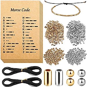 Yaomiao DIY Morse Code Bracelet Making Set, 800 Round Spacer Beads, 800 Long Tube Beads, 20 Morse Code Decoding Card and 2 Rolls 66 ft Waxed Polyester Twine Cord (Silver and Gold, Black Rope)