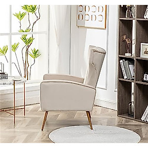 Container Furniture Direct Modern Velvet Accent Chair, Channel Tufted Bedroom, Office or Living Room Furniture with Elegant Metal Legs, 26" Wide Armchair, Beige