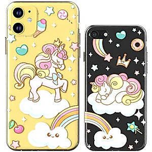 Toik Matching Couple Cases for Apple iPhone 11 Pro Xs Max Xr 10 X 8 Plus 7 6s 5s SE Cover Dream Boyfriend Anniversary Pretty Unicorns Cute Rainbow Silicone Girlfriend Apple Lightweight Sweets Print