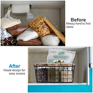 Wire Basket 2 Pcs Wire Storage Baskets Wire Baskets Organizing with Wooden Handles Wire Basket Pantry Organization and Storage Metal Wire Food Storage Basket for Kitchen, Cabinets (Black 2PCS)