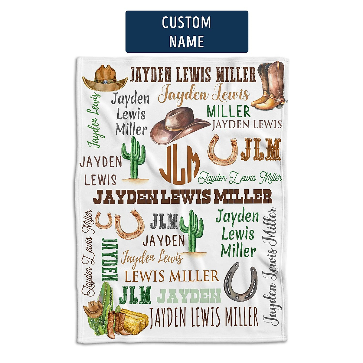 Initials Name Baby Western Blankets, Cowboy Baby Blankets, Personalized Cactus Baby Blankets for Boys Girls, Baby Boy Stuff, Custom Baby Blankets Name Fleece Blankets for Infant Newborn Son Daughter
