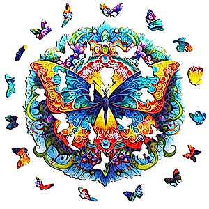 Wooden Jigsaw Puzzle Butterfly Shape, 200pcs 10.1x9.9in. Eco-Friendly Unique Animal Shape Mandarin Butterfly Puzzle Gift with Wooden Stand in Wooden Box for Adults and Kids