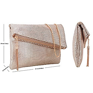Venoline Large Metal Mesh Evening Clutch Bag Convertible Handbag Tassel Purse Rose Gold