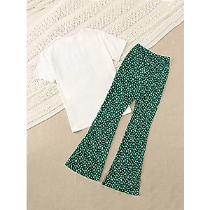 SOLY HUX Girl's Two Piece Outfits Summer Tops Short Sleeve T-Shirt Figure Graphic Tee and Pants Bell Bottom Flared Pants Set White and Green 9 Years