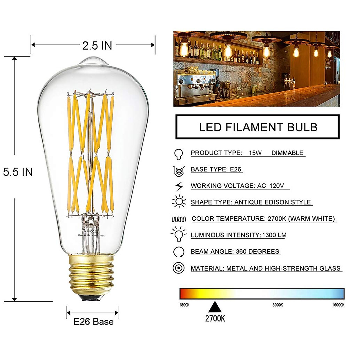 Leools Filament LED Edison Bulb 15W Dimmable 2700K Warm White 1300LM, 120W Incandescent Equivalent E26 Base, ST64 Vintage LED Filament Bulbs, 360 Degrees Beam Angle, Pack of 2