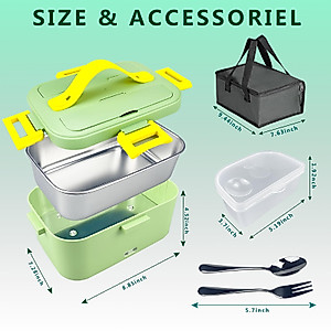 Electric Lunch Box,Fast 75W Food Heater,12V/24V/110V Portable Self Heating for Car Truck Home,1.8L Large-Capacity,304 Stainless Steel Container,0.45L Compartment,Fork Spoon,Carry Bag (green)