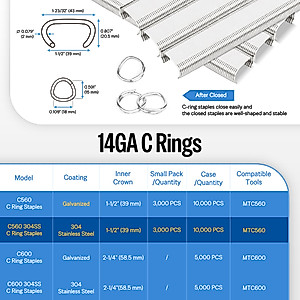 meite C560-14 Gauge 1-1/2-Inch Crown Stainless Steel Heavy Duty C Ring Staples Compatible with MTC560 Hog Ring Plier in Fastening, Building Landscape Gabions (3,000 PCS)