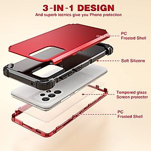 Galaxy A52 5G Case with Tempered Glass Screen Protector,IDweel Hybrid 3 in 1 Shockproof Heavy Duty Hard PC Cover Soft Silicone Rugged Durable Bumper Full Body Cover for Samsung Galaxy A52,Red