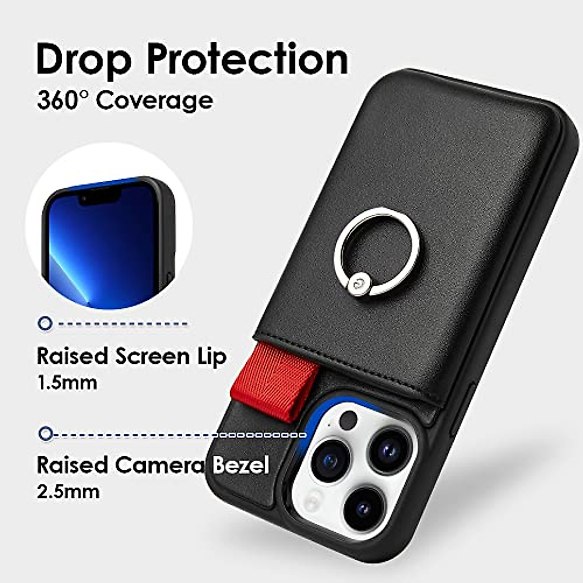 LAMEEKU Compatible with iPhone 13 Pro Max Wallet Case with Card Holder, 360° Rotation Ring Holder Stand, PU Leather Kickstand Card Slots Case, Protective Cover for Apple iPhone 13 Pro Max 6.7'' Black