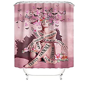 Vivianbuy 4 Pcs Pink Lady African American Bathroom Shower Curtain Sets with Rugs Toilet Lid Cover and Bath Mat,Black Women Bathroom Set with Waterproof Fabric Bathroom Curtain and 12 Hooks