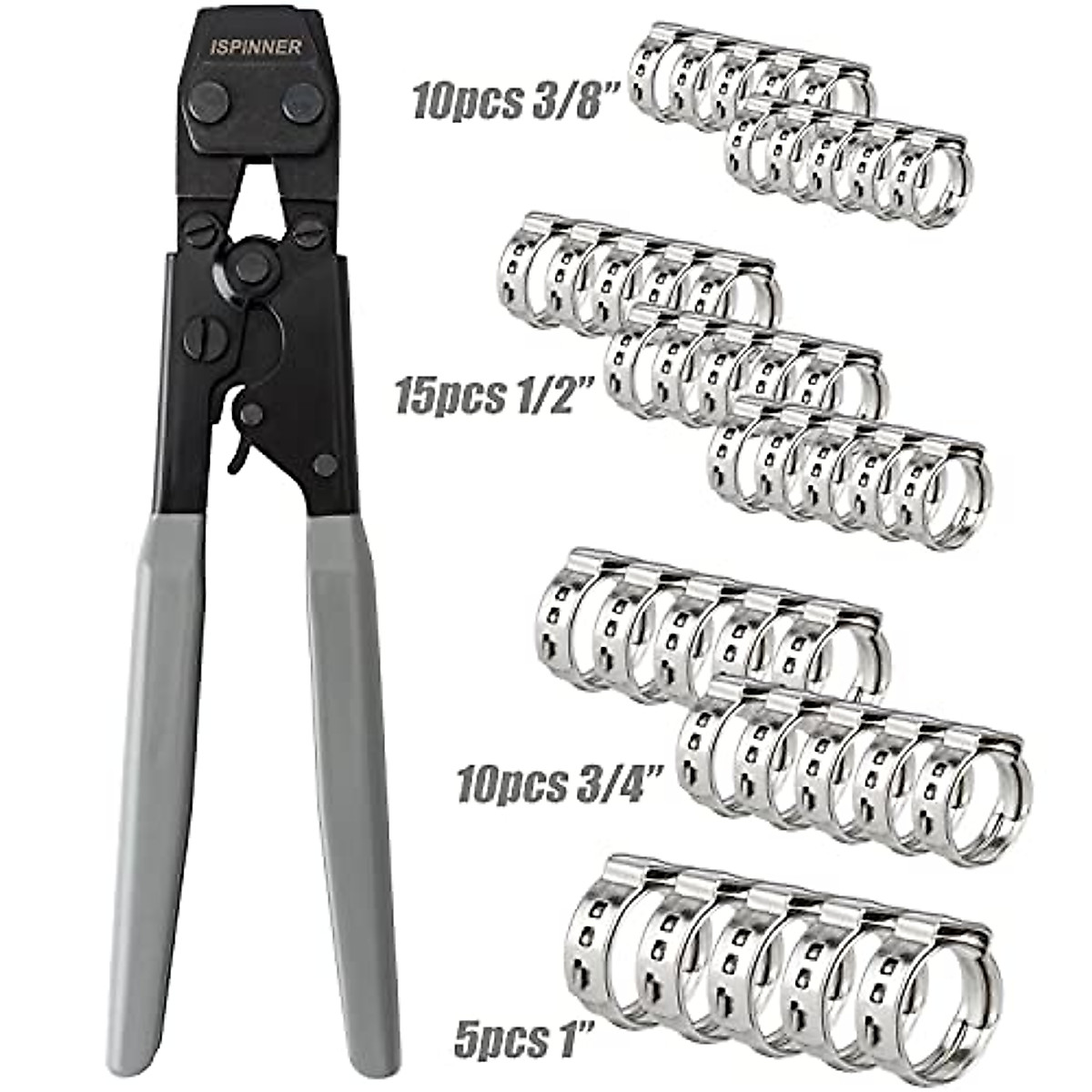 ISPINNER PEX Crimping Tool, Clamp Cinch Crimp Tool Crimper for Stainless Steel PEX Clamps from 3/8" to 1", with 40pcs PEX Crimp Rings 3/8" 1/2" 3/4" 1"