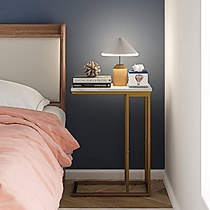 Yusong C Shaped End Table, Couch Side Table That Slide Under Sofa Bed, Small Table for Small Spaces, Skinny Overbed Table, Coffee Drink Laptop Snack Table for Living Room, Gold and Marble White