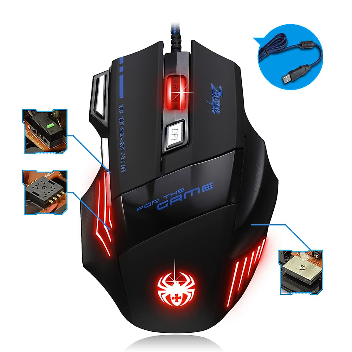zelotes Wired Gaming Mouse with Fire Button,7200 DPI,7 Buttons,Ergonomic Design,LED Illumination,Corded Optical Mouse Mice for Laptop,PC,Mac,Black