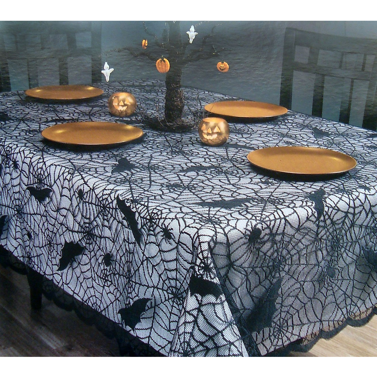 Rectangular Halloween Tablecloth, Halloween Bat Spider Web Tablecloth Decor, Black Lace Tablecloth Bat Cobweb Table Cover for Halloween Party Décor Dinner Spooky Meals Decoration, 60" x 104"