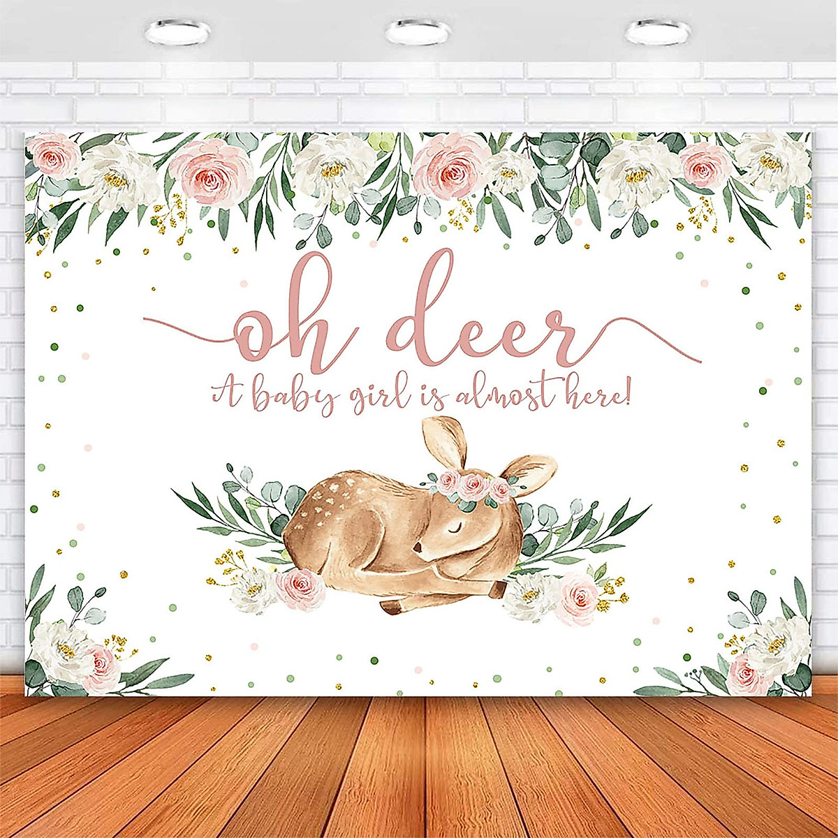 Avezano Woodland Baby Shower Backdrop Pink Floral Girl Deer Baby Shower Photo Background Greenery Fawn Oh Deer Baby Shower Backdrops (7x5ft, 83x59inch)