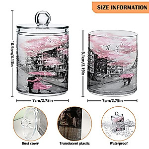 ALAZA Paris Eiffel Tower Artwork 2 Pack Qtip Holder Dispenser with Lid 14 Oz Clear Plastic Apothecary Jar Containers Jars Bathroom for Cotton Swab, Ball, Pads, Floss, Vanity Makeup Organizer