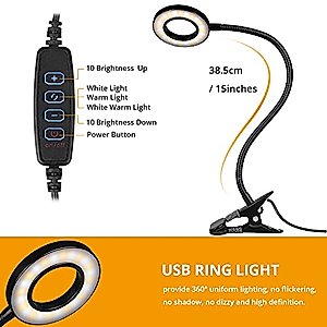 iVict Clip on Ring Light, USB Desk Lamp with 3 Color Modes, 10 Brightness Levels, Eye Protection LED Desk Light, 360° Flexible Gooseneck LED Desk Lamp for Desk Headboard and Video Conferencing