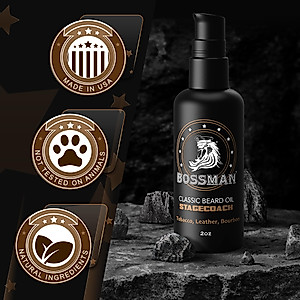 Bossman 2 oz Organic Beard Oil for Men with Jojoba Oil, Argan Oil, Coconut Oil, Avocado Oil for Beard Growth - Beard Growth Oil for Men, Scent (Stagecoach)