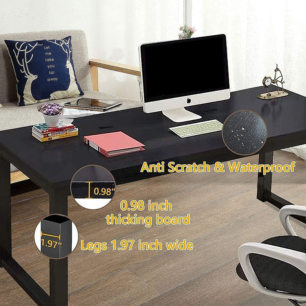 NSdirectModern Computer Desk 63 inch Large Office Desk Writing Study Table for Home Office Desk Workstation Wide Metal Sturdy Frame Thicker Steel Legs, Black.