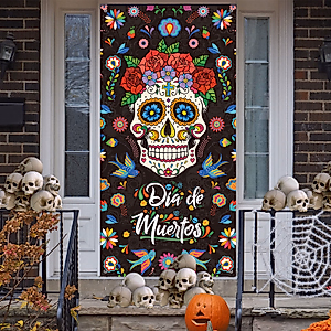 3 Pieces Day of the Dead Porch Sign, Mexican Dia De Los Muertos Party Door Decorations, Day of the Dead Sugar Skull Door Banner for Halloween Home Bathtub Birthday Fiesta Party, 11.8 x 70.9 Inches