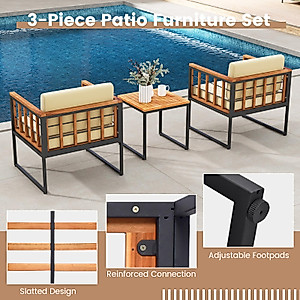 Tangkula 3 Pieces Patio Chair Set, Acacia Wood Outdoor Sofa Set with Metal Support, Soft Seat & Back Cushions Included, Cushioned Bistro Set for Balcony, Porch, Backyard (Beige)