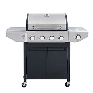 HESIEU Propane Grill 4 Burner Grill Stainless Steel Gas Grill with Side Burner and Thermometer One Touch Electronic Ignition System with Four Wheels for Outdoor BBQ, Camping