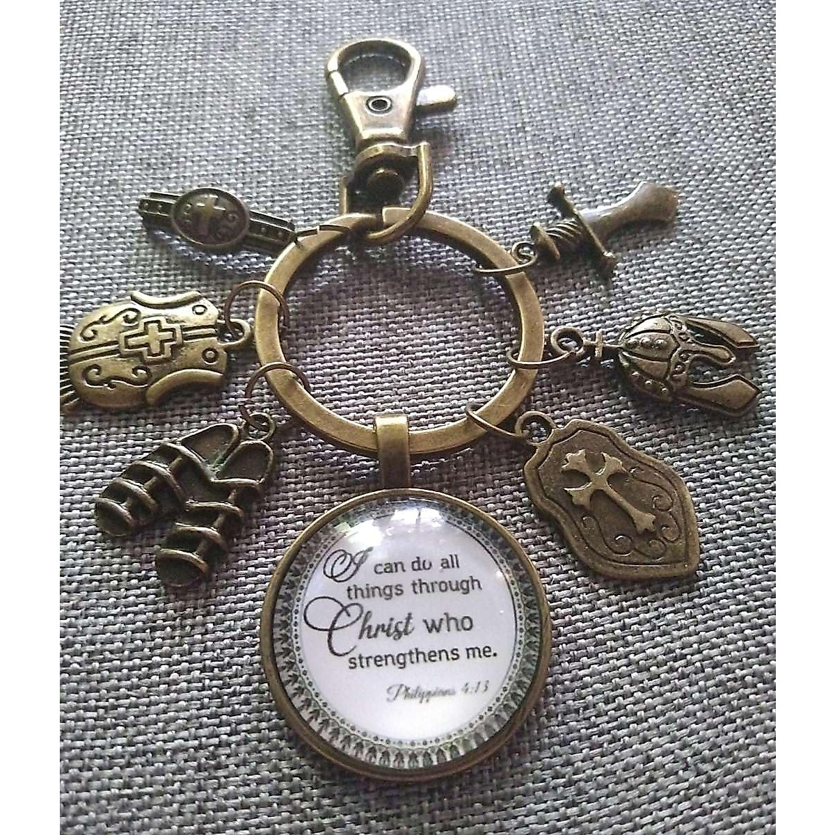 Unisex Christian Keychain, purse charm, zipper pull with I can do all things through Christ and Armor of God Tibetan Bronze Charms