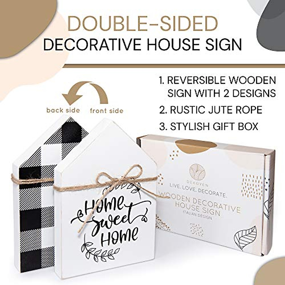 Double-Sided Home Sweet Home Sign for Shelf Decorations - Black and White Buffalo Plaid Decor Farmhouse - Small House Shaped Wood Block Signs with Sayings - Country Decor for Table or Fireplace Mantle