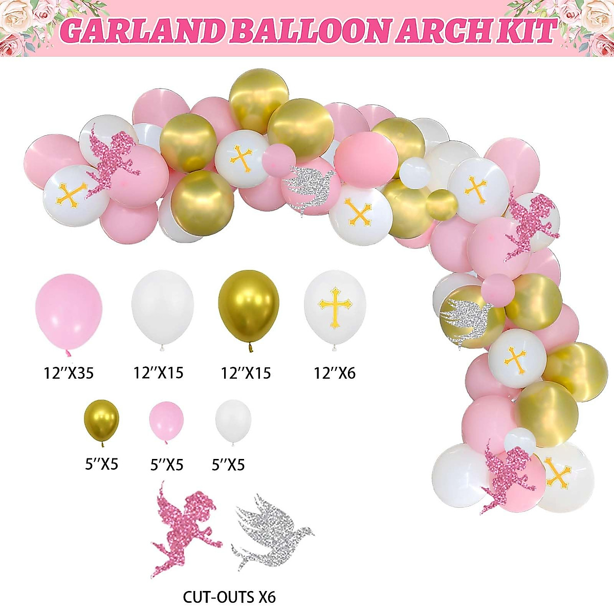 Fiesec Mi Bautizo Decorations for Girls, Baptism First Communion Christening God Bless Party Decorations Backdrop Balloon Garland Arch Glitter Banner Cake Cupcake Topper Gold Pink 103 PCs