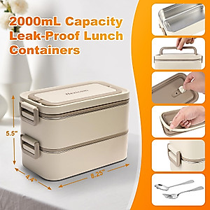 Rezicom Stainless Steel Lunch Box for Kids and Adult, Two Layer 2 L Capacity Leak-Proof Bento Box for Kids, Lunch Containers for Women School Office with Stainless Steel Soup Bowl Spoon and Fork