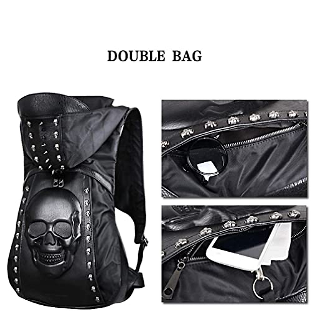 HANXIUCAO Skull Backpack Rivet Punk Backpack Black Metal 3D Stereo Backpack