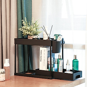 2 Pack Under Sink Organizers and Storage with Under Sink Mat, 2 Tier Black Pull Out Bathroom Cabinet Organizer , Cabinet Organizer with Hooks and Hanging Cups for Home Bathroom Kitchen Organization