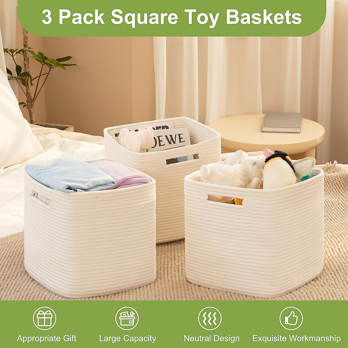 SIXDOVE Storage Cubes Cotton Rope Woven Baskets for Organizing, 3-Pack 11 * 11 Inches Shelf Storage Basket|Cube Storage Bin|Square Baskets, Living Room, Baby Room-White