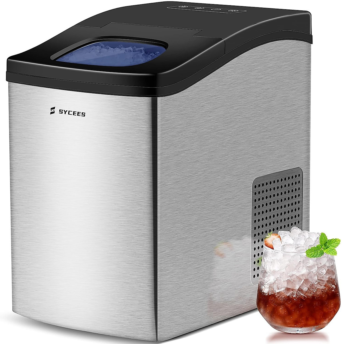 SYCEES Nugget Ice Maker for Countertop, 33lbs/24h, Sonic Ice Ready in 10 Mins, 5lbs Ice Storage, Self-Cleaning Function, Touch Control, Stainless Steel Pellet Ice Machine for Home Kitchen, Bar, Office