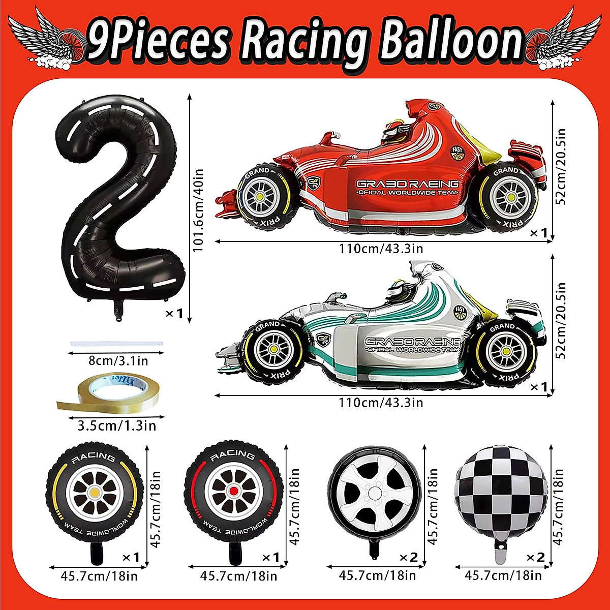 Number 2 Race Car Balloons, 43 Inch Race Car Party Decorations, Wheel Tire Balloons, Black and White Checkered Foil Balloons, Car Balloons for Boys 2nd Birthday Party Decoration - Pack of 9