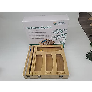 Plastic Bag Storage Organizer Bamboo - 5 in 1 Wrap Dispenser with Cutter, Suitable for Gallon, Quart, Sandwich & Snack Bag, Cling Film, Aluminum Foil etc; Compatible with 12" Kitchen Rolls