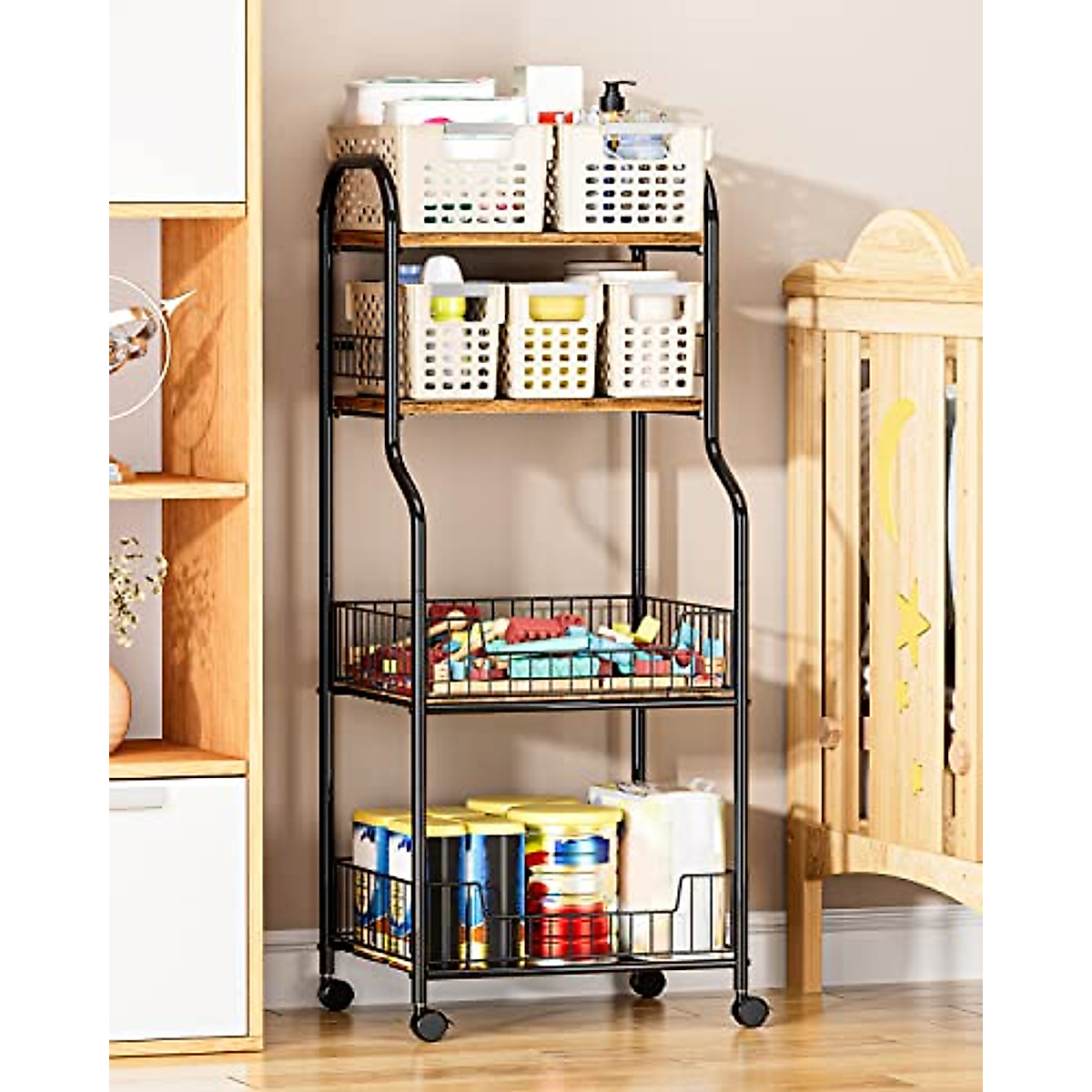 EKNITEY Kitchen Rolling Utility Cart - 4 Tier Baker's Rack for Spices Fruits Vegetables Snacks Pots and Pans
