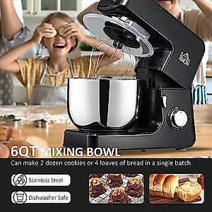 HOMCOM 6 Qt Stand Mixer with 6+1P Speed, 600W and Tilt Head, Kitchen Electric Mixer with Stainless Steel Beater, Dough Hook and Whisk for Baking Bread, Cakes and Cookies, Black