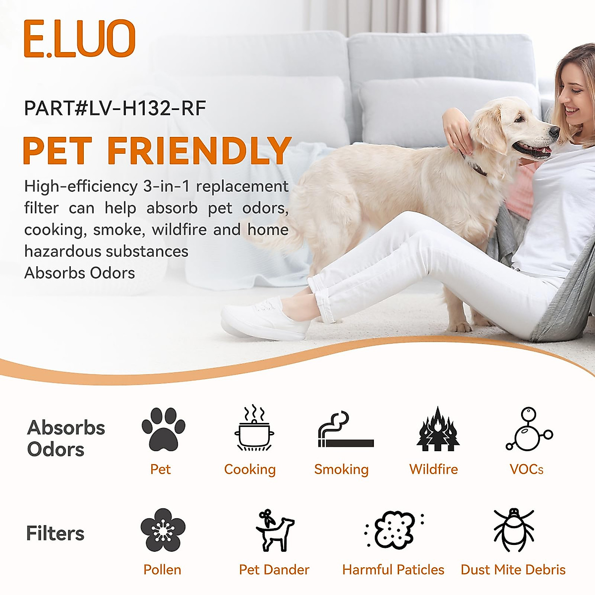 E.LUO LV-H132 Air Purifier Replacement Filter, Compatible with LEVOIT LV-H132, 3-in-1 (Nylon Pre-Filter, True HEPA Filter, High-Efficiency Activated Carbon Filter)