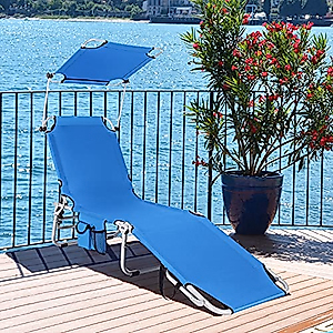 Goplus Tanning Chair, Foldable Beach Lounge Chair with 360°Canopy Sun Shade, Side Pocket, 5-Position Adjustable, Outdoor Beach Chaise Recliner for Patio Pool Yard Lawn (1, Blue)