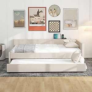 KTATK Wood House Bed with 2 Twin Solid Bed,L Structure Bedroom Platform Bed Frame W/Fence and Slatted Frame,No Box Spring Required,for Kids Teens Boy Girl,White