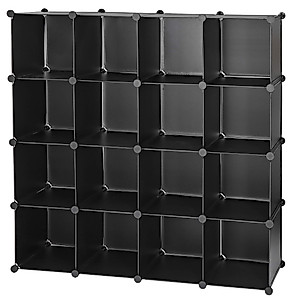 SUPER DEAL Cube Storage Organizer Shelf 16 Cubes Shoe Rack Bookcase Display Shleves Plastic DIY Modular Cabinet Closet with Metal Hammer for Home Bedroom, Living Room, Bathroom, Office, Black