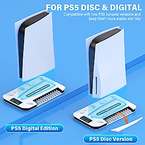 Stand with Cooling Fan and Dual Controller Charger for PS5 Cooling Station Accessories with Cooling Fan Controller Charging Station with 13 Game Slots Headset Holder(Not Fit PS5 Slim Versions)